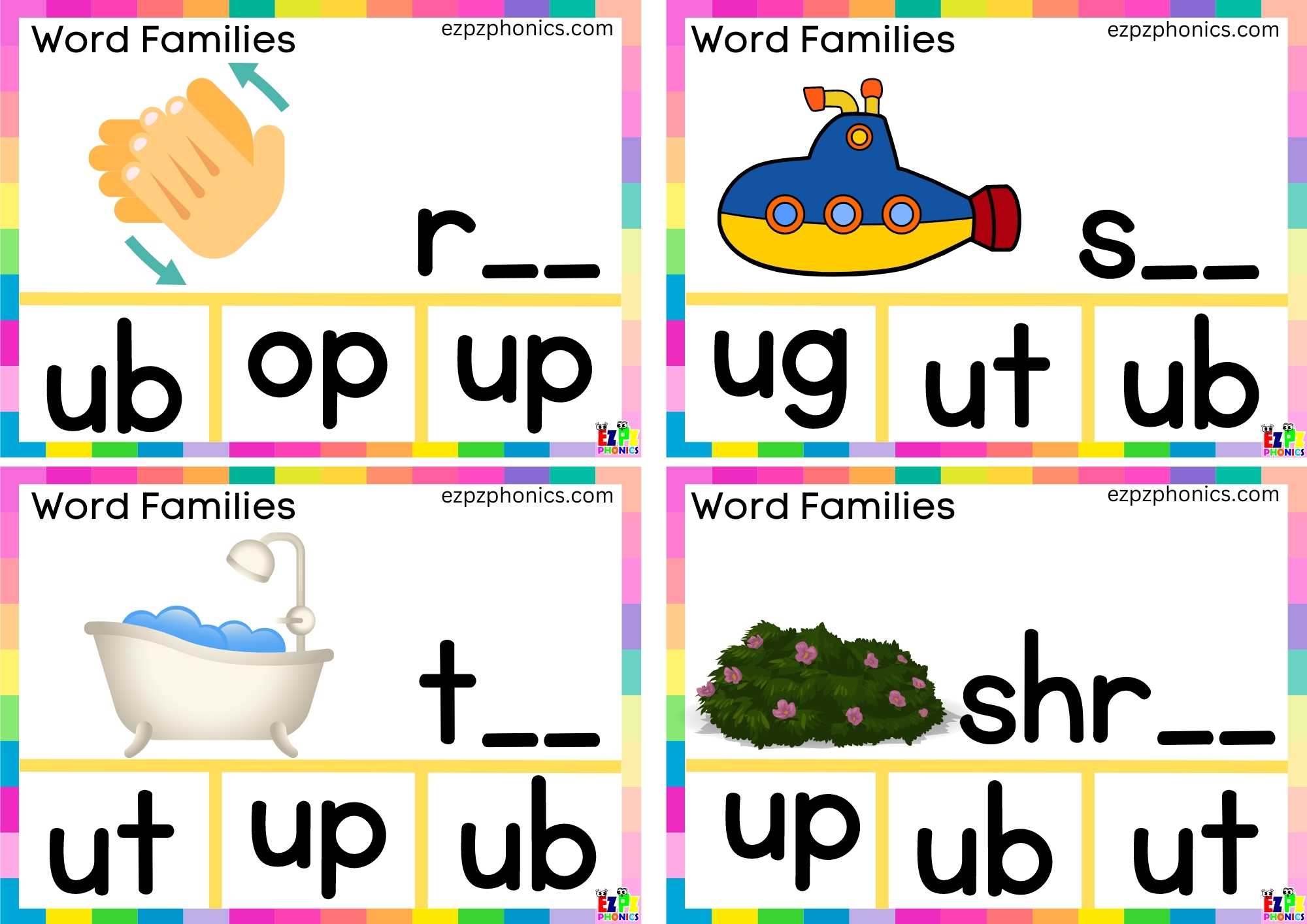 Finish the word and clip the correct letters Word Family ub clip cards - ezpzphonics.com